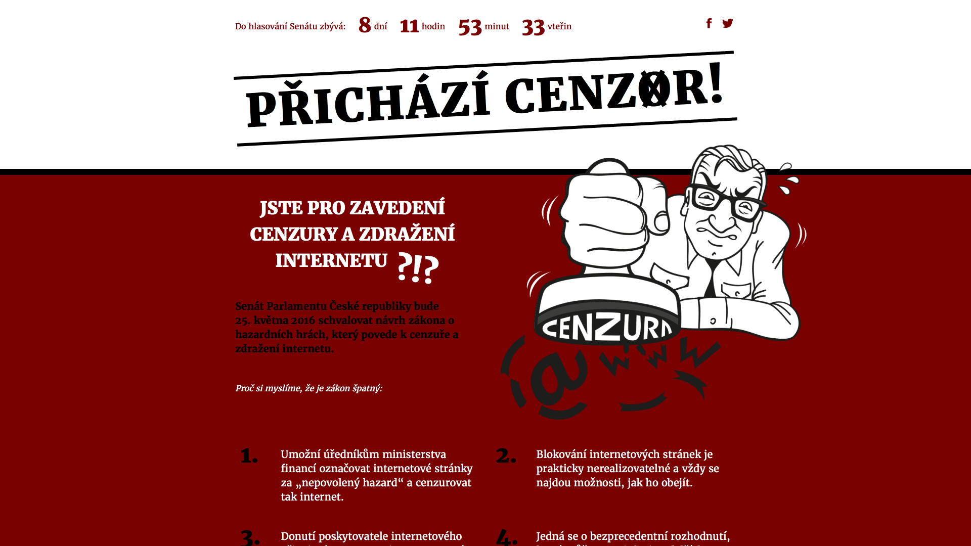 CZ.NIC před hlasováním senátu spouští web Přichází Cenzor!