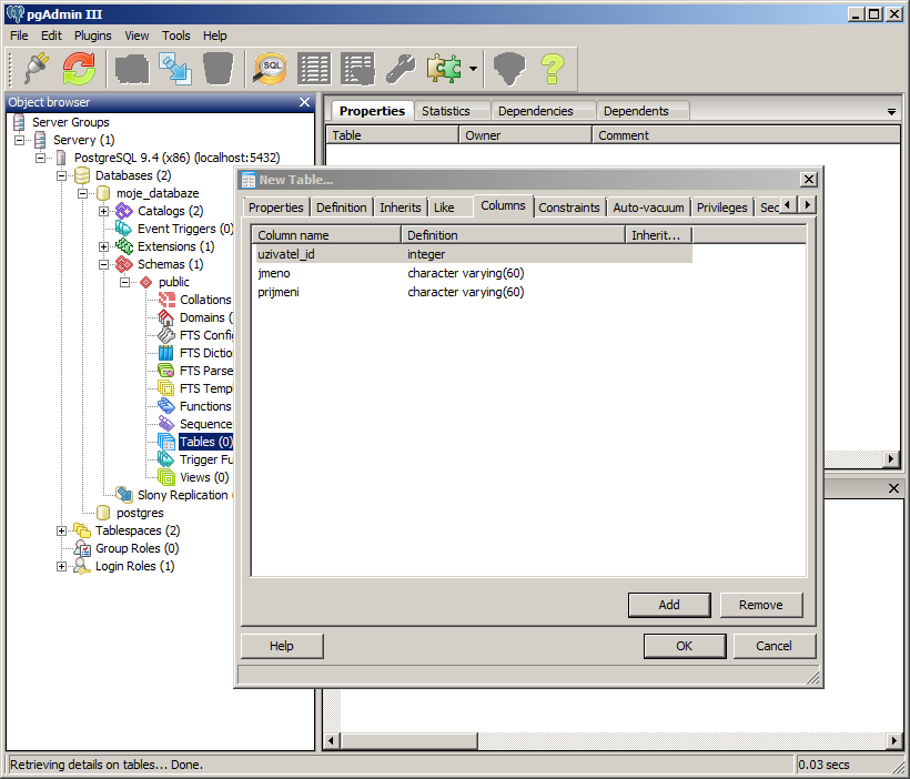 Lekce 2 - PostgreSQL - Vytvoření databáze a tabulky