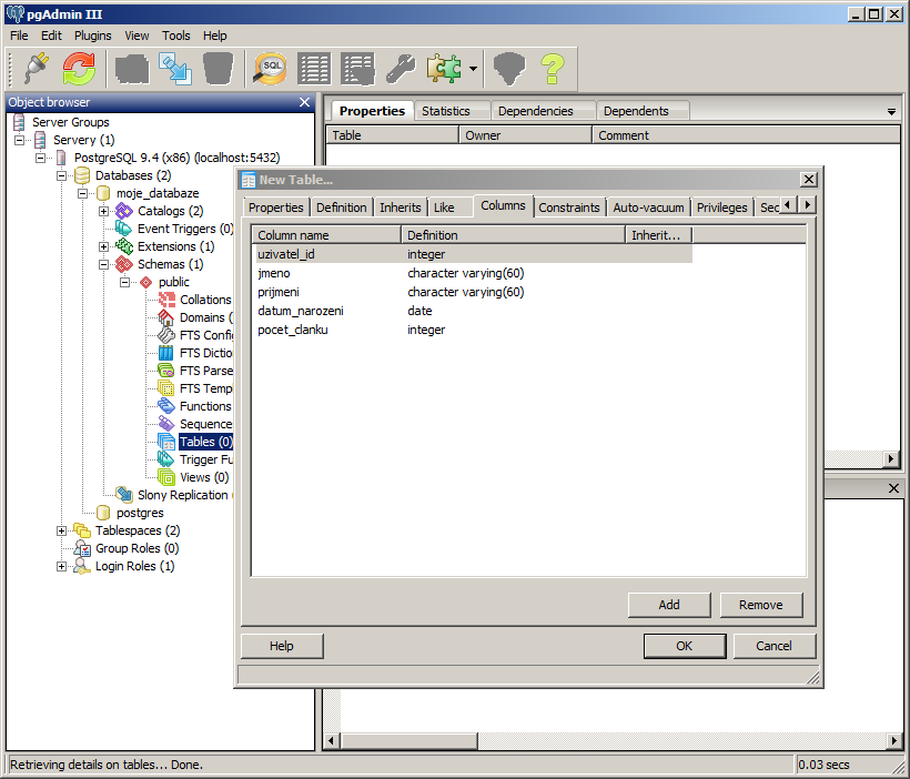 Lekce 2 - PostgreSQL - Vytvoření databáze a tabulky