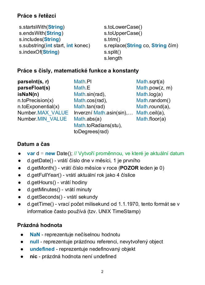 Učební pomůcka na Základy JavaScriptu - Tahák