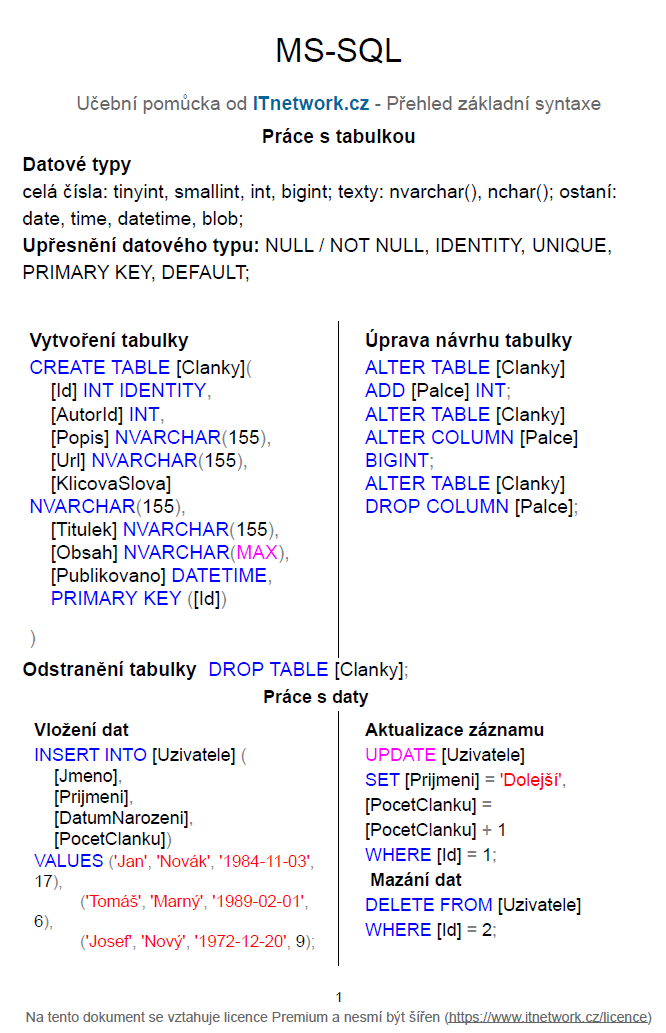 Učební pomůcka na MS-SQL - Tahák